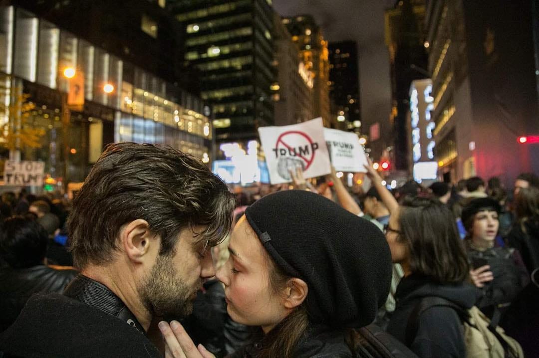 LOVE TRUMPS HATE: Kiss amidst protests on Union Square across 5th AV ...
