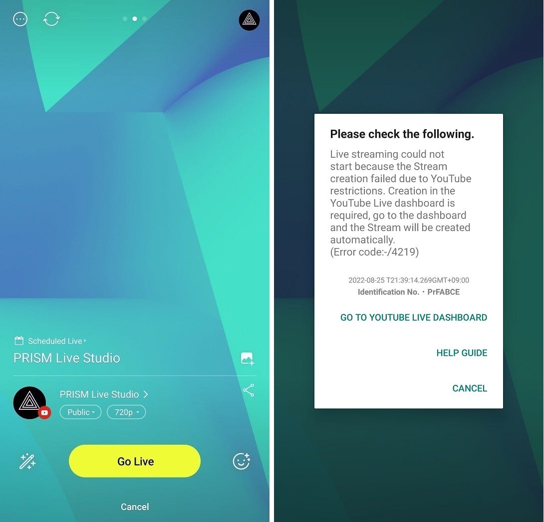 Unable to start live streaming because Stream creation failed. Please create a Stream from the ...