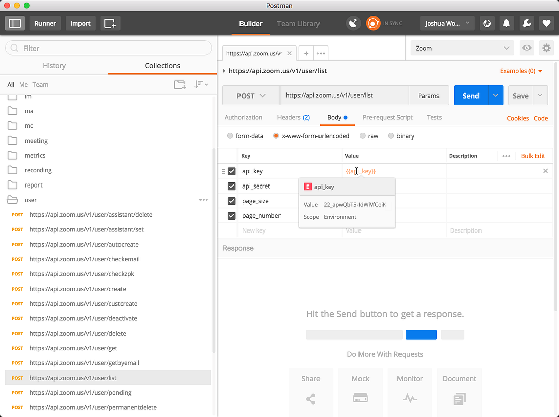 Using Zoom APIs Version 1 with Postman | by Tim Slagle | Zoom Developer Blog | Medium
