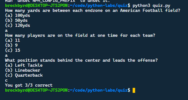 Creating A Multiple Choice Quiz In Python Terminal By Brock Byrd