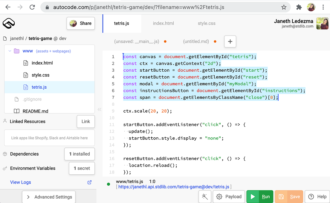 Build a Tetris game with HTML Canvas, CSS, and JavaScript on Autocode | by Janeth Ledezma ...