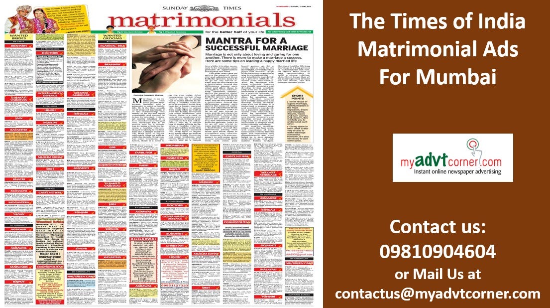 SELECT THE BEST AD PACKAGE TO PUBLISH THE TIMES OF INDIA MATRIMONIAL ADS FOR MUMBAI | by ...