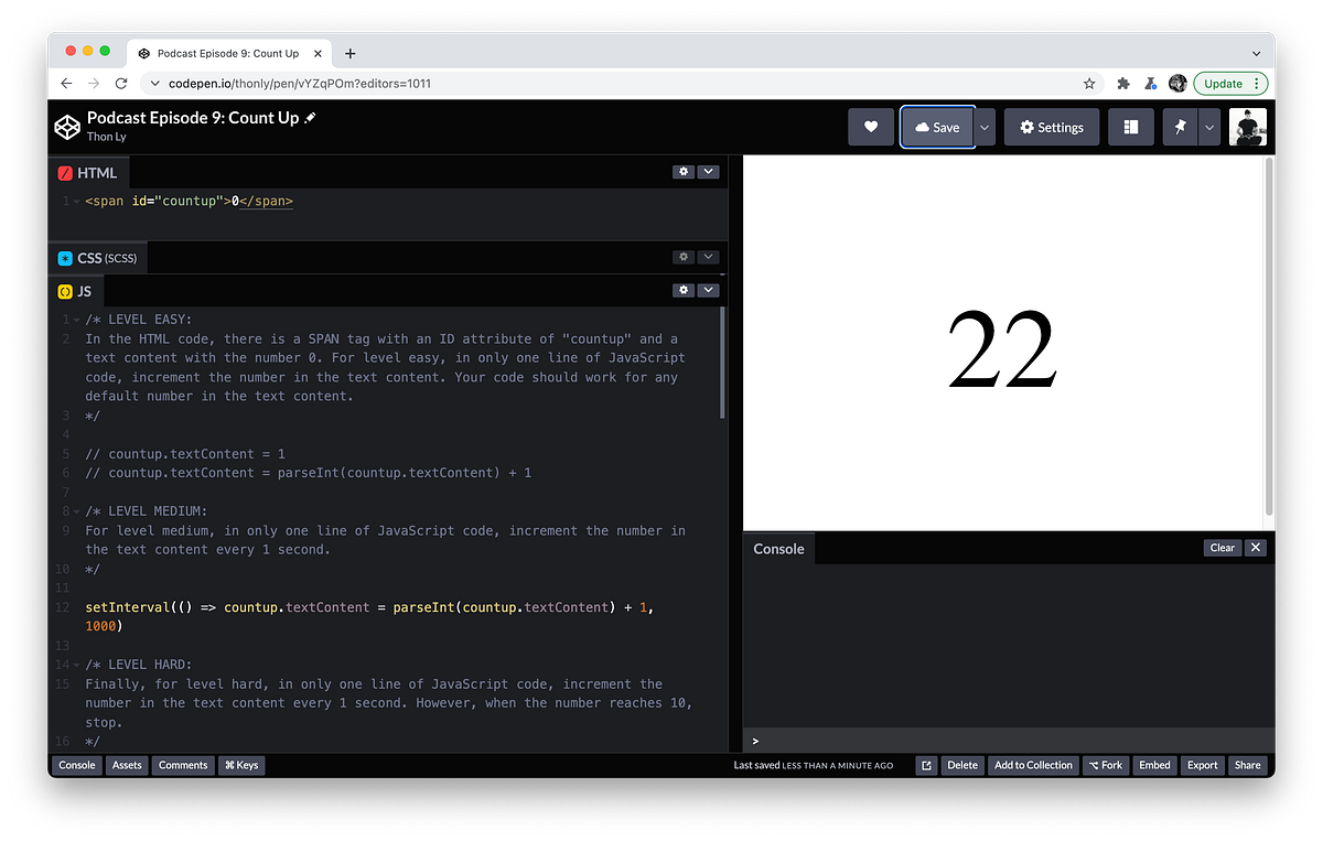 Podcast Episode 9: Count Up. Season 2: One-Liner JavaScript Coding ...