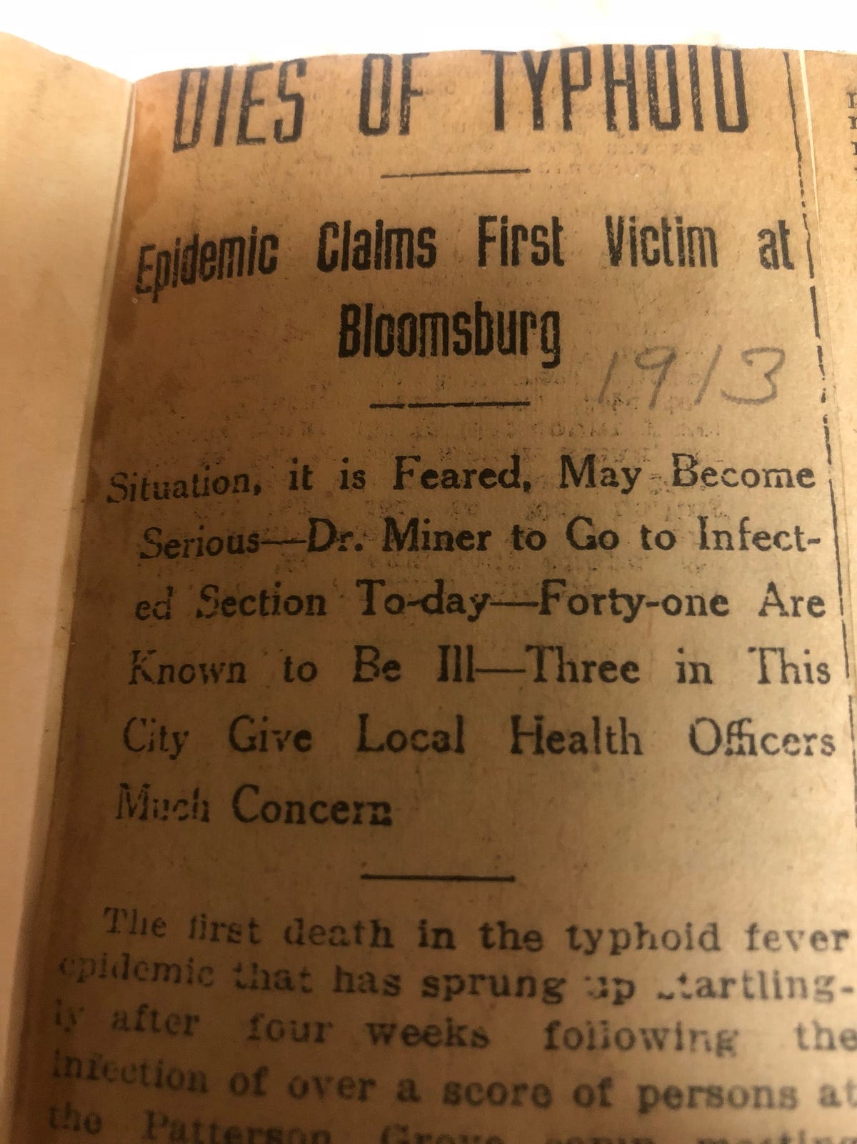 Dies of Typhoid. Epidemic Claims First Victim at Bloomsburg -1913 from ...