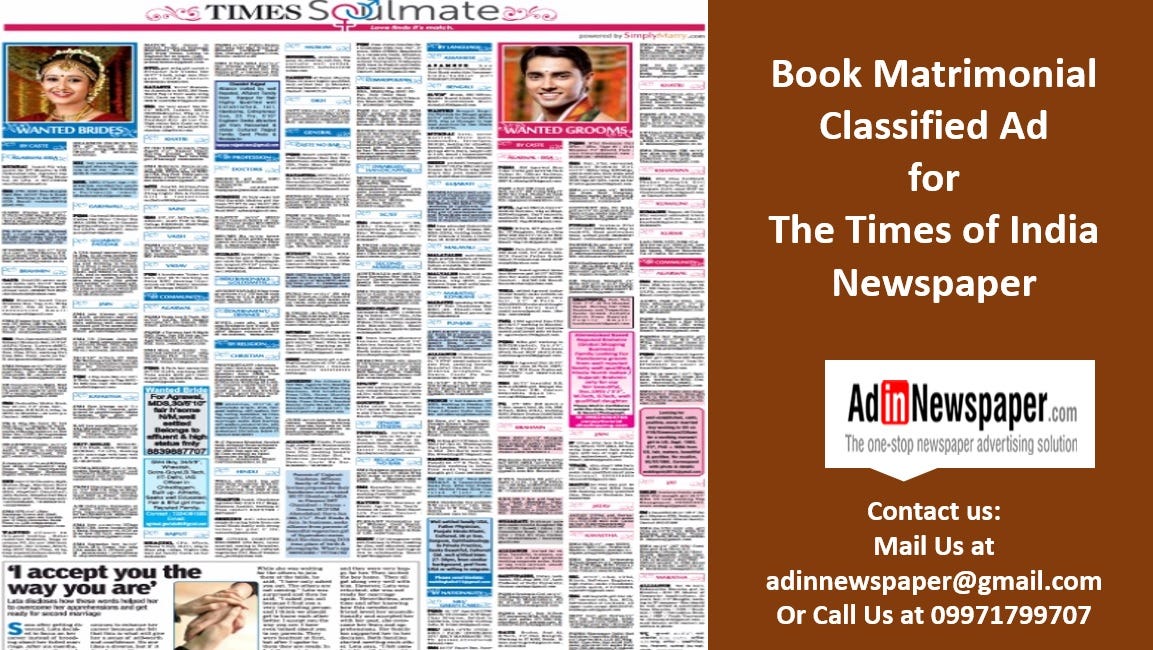 Matrimonial Advertisement In Times Of India Newspaper - Cronoset