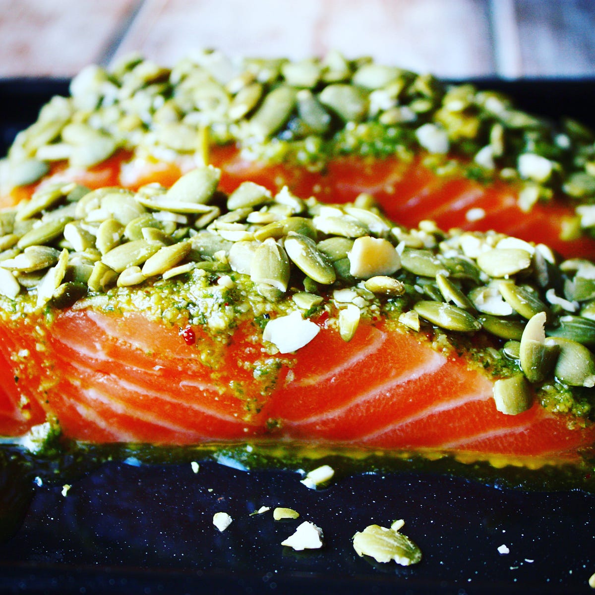 Pesto & Pumpkin Seed Crusted Salmon | by Emily Wright | Medium