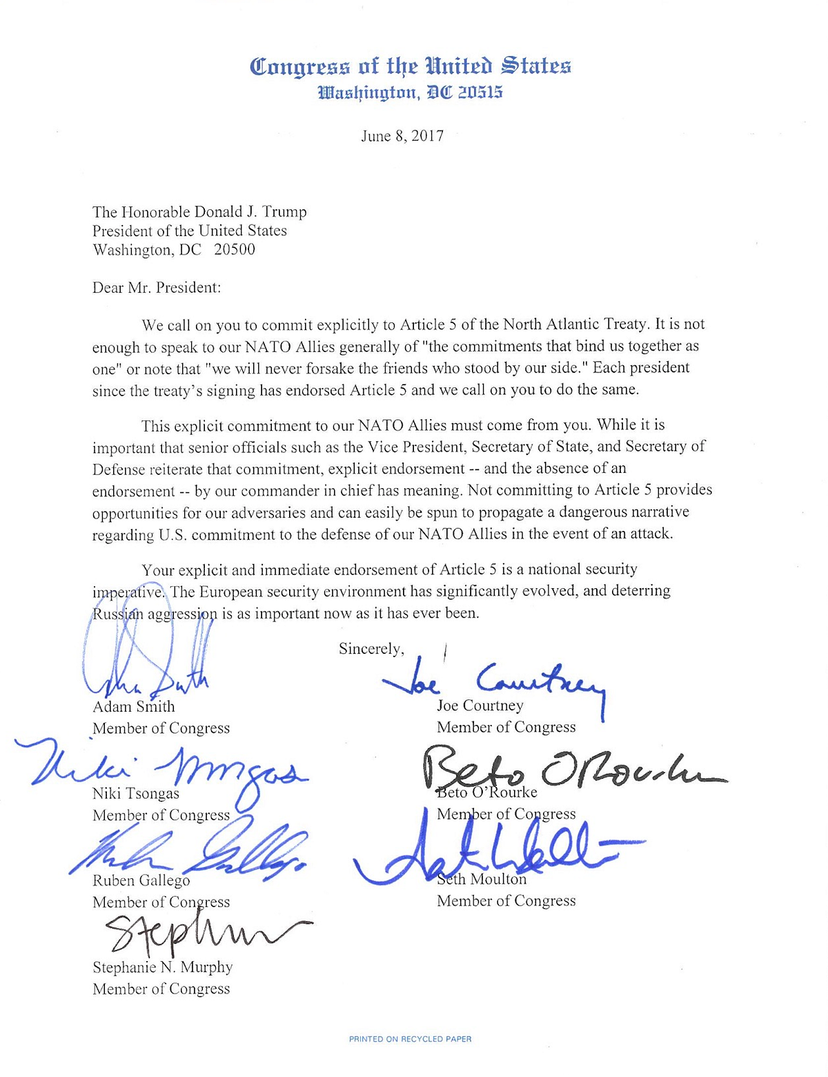 Letter to POTUS on NATO. 6/9/2017 | by Rep. Beto O'Rourke | Medium