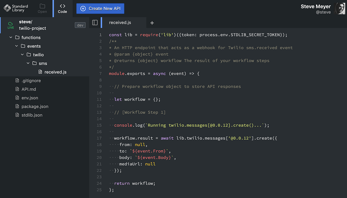 Build A Twilio Sms Hub In 5 Minutes With Standard Library And Nodejs By Steve Meyer Medium