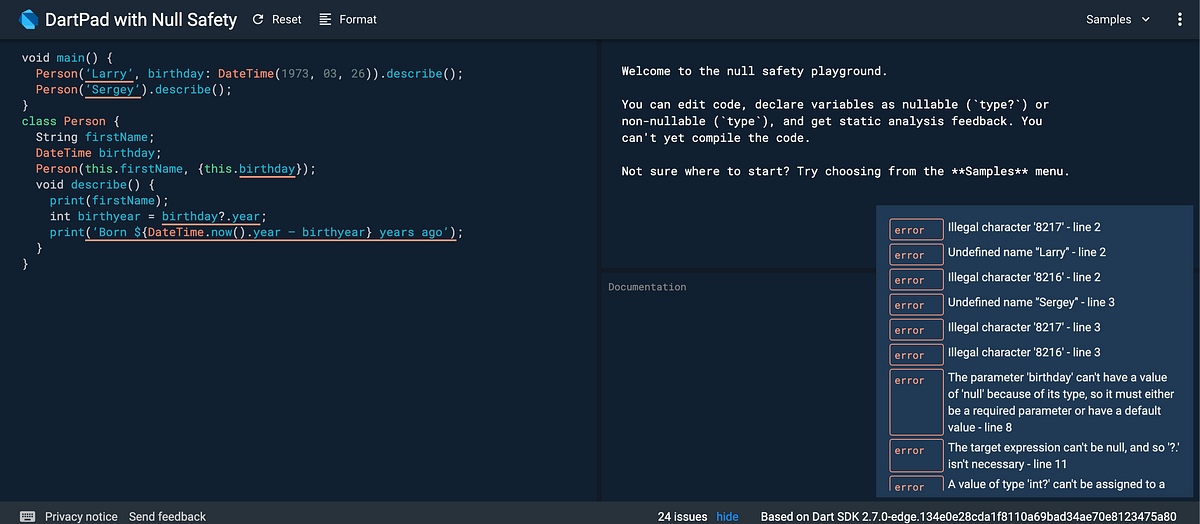 I’m getting more errors than that on the Null safety playground when ...