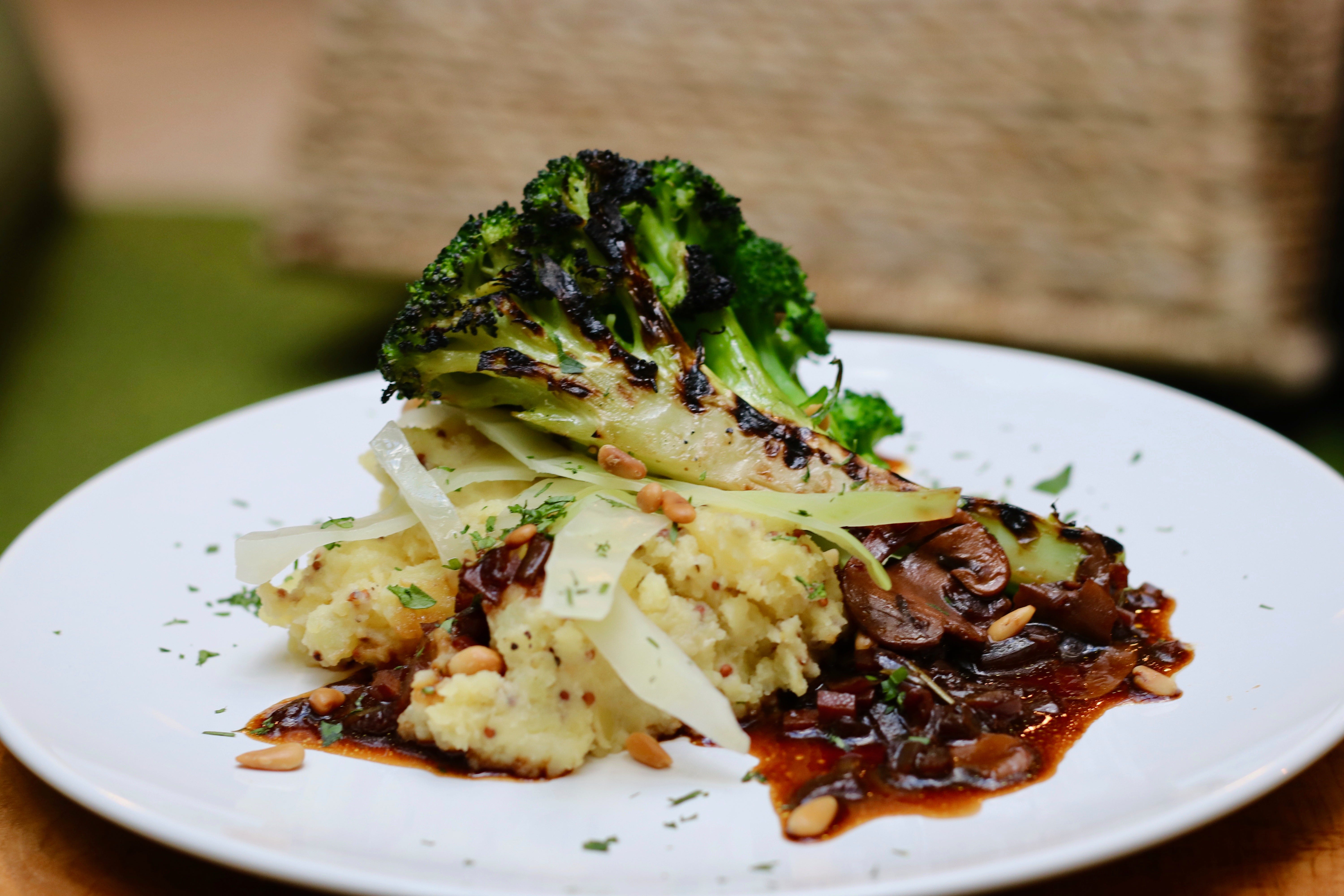 Chargrilled Broccoli with cabbage, mustard mash, pine nuts and red wine ...