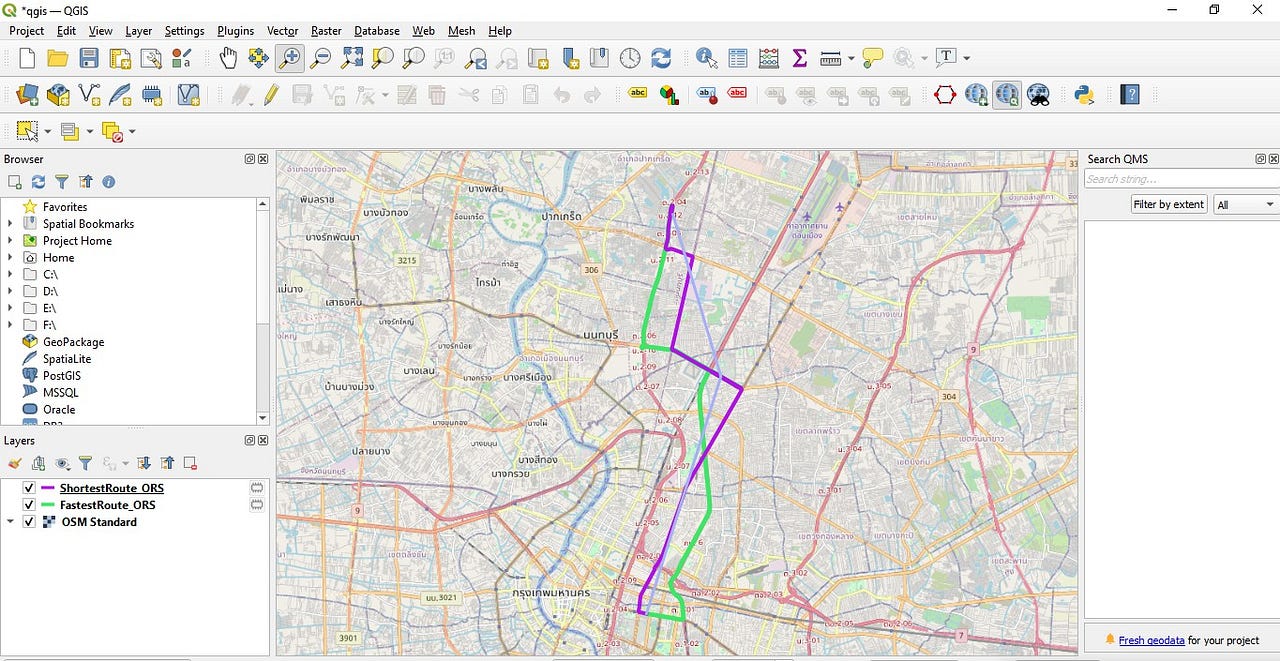 The shortest path and the fastest path between two location by using ...