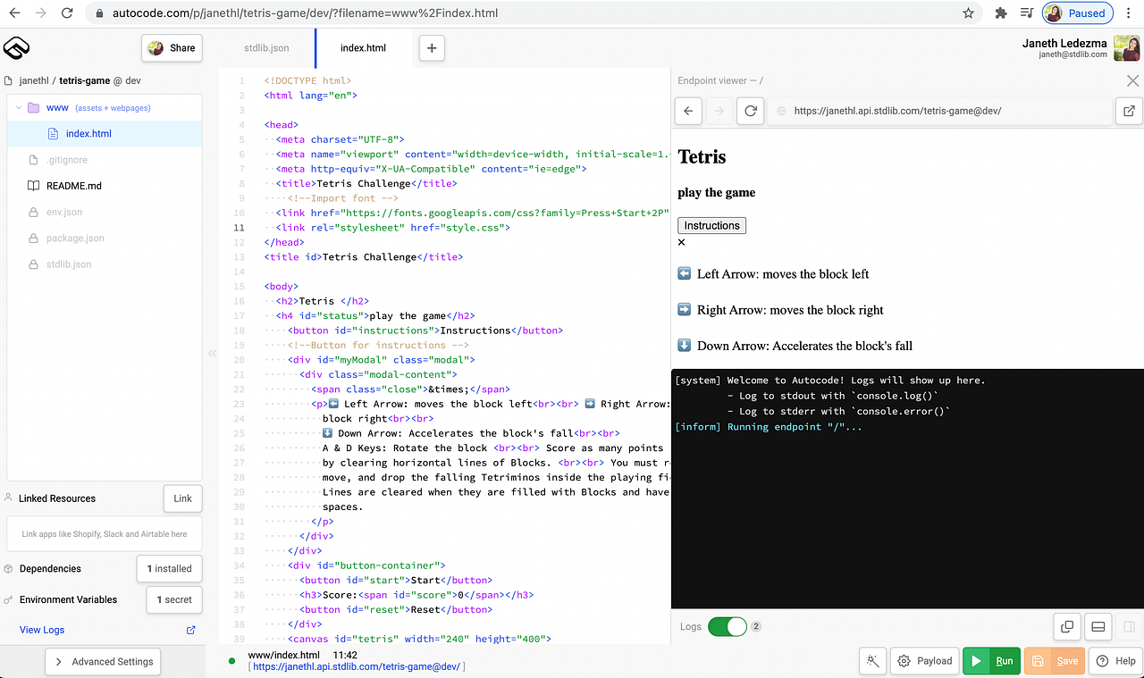Build A Tetris Game With Html Canvas Css And Javascript On Autocode
