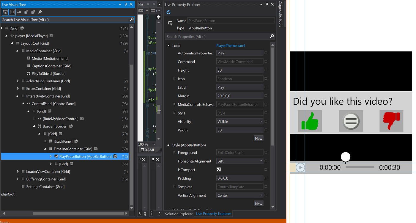 (2/2) Using Live Visual Tree and Live Property Explorer to customize the Media Player (XAML, C# ...