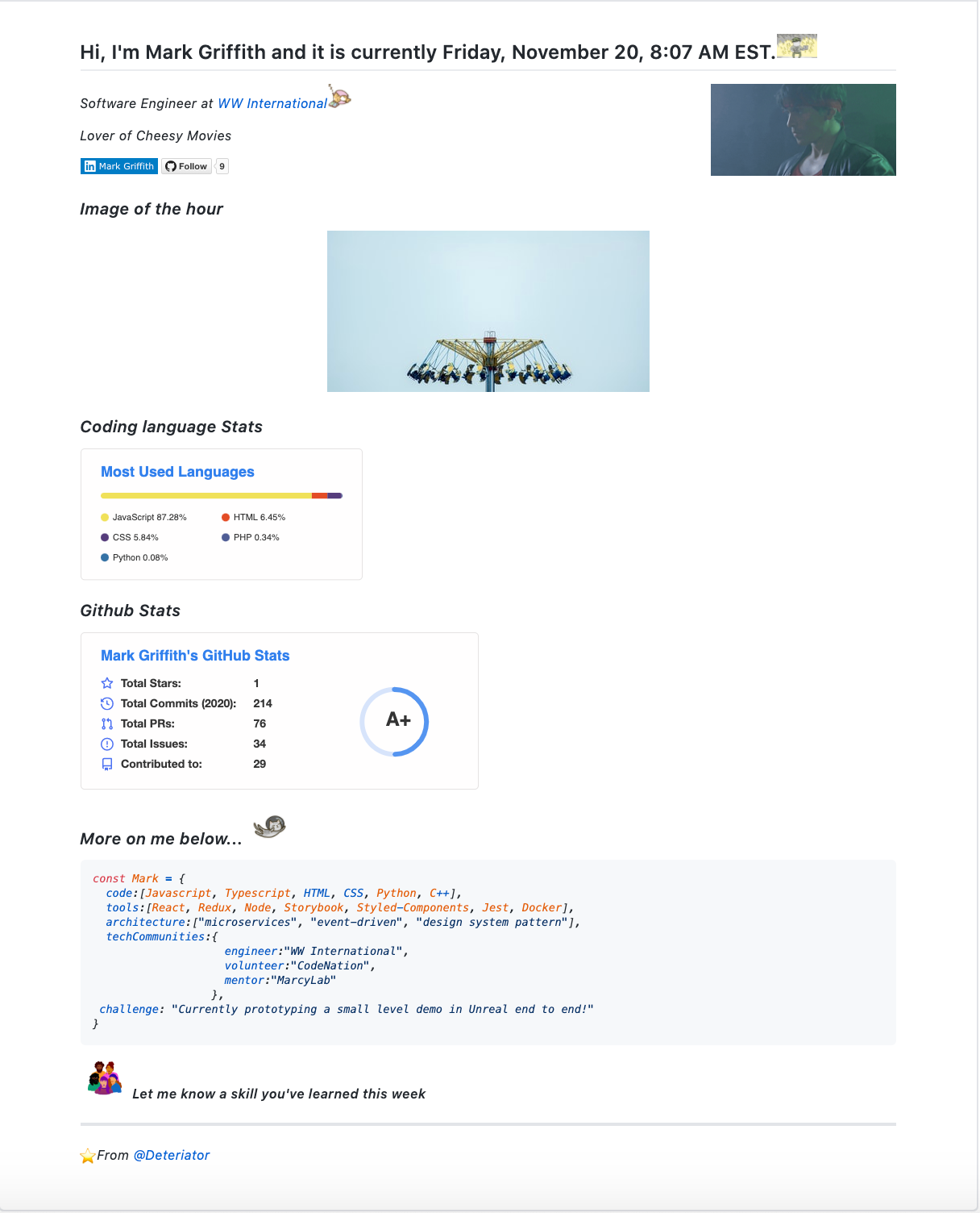 How To Update A Custom Github Profile With Github Actions By Markgriffith Ww Tech Blog Medium