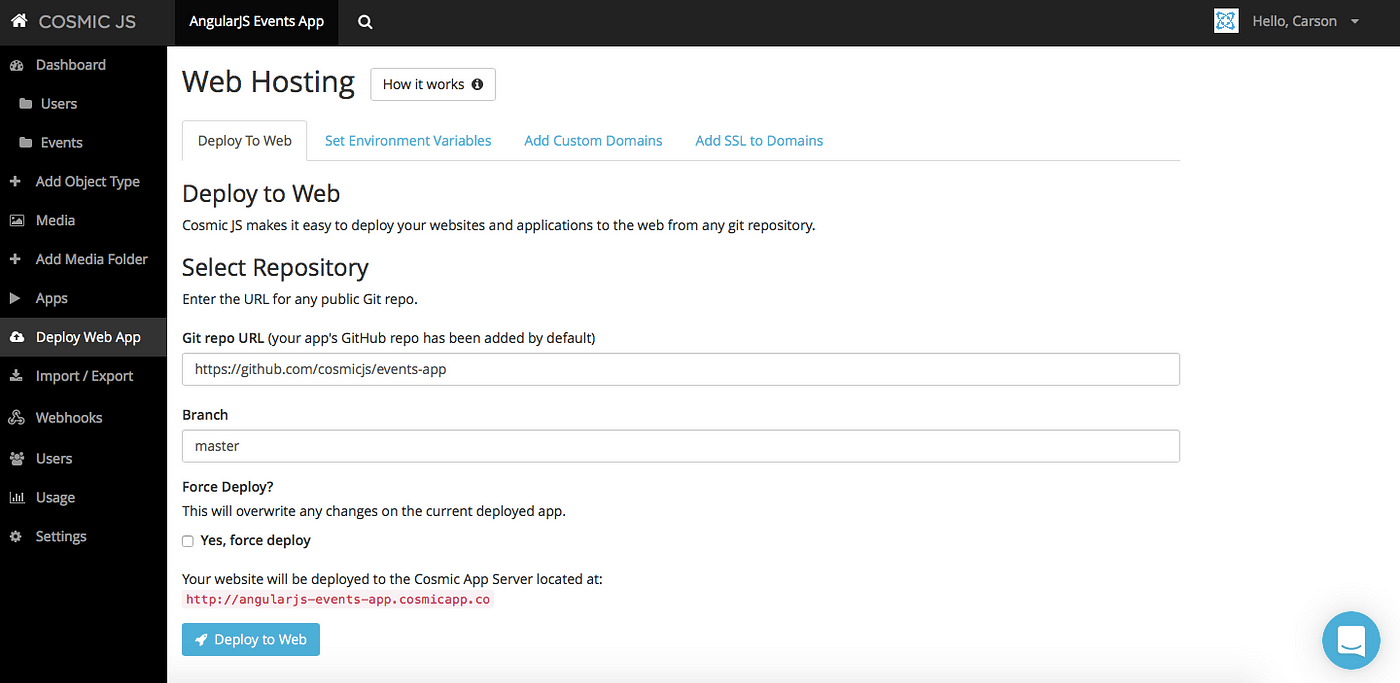 Deploy An Angularjs Events App In 3 Steps Using Cosmic Js By Carson Gibbons
