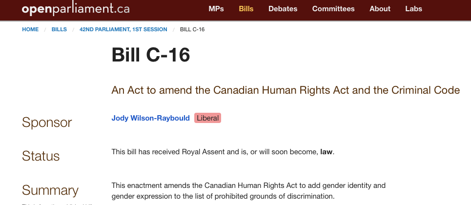 Canada’s Bill C-16 adds “gender identity or expression” to the list of ...