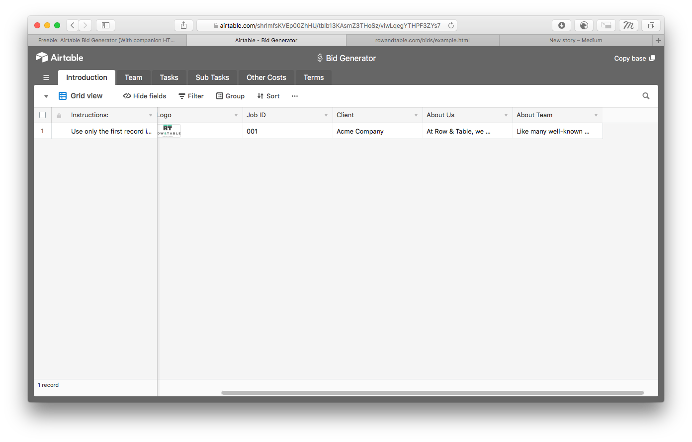 Freebie: Airtable Based Bid Generator | by Ryan Hayden | Row and Table | Medium