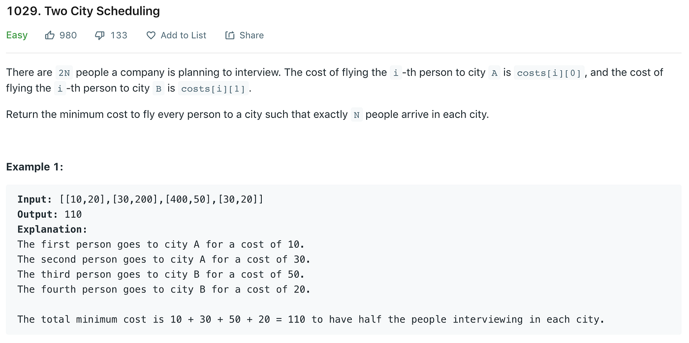 Leetcode Challenge: Two City Scheduling (6/3) | by Ryan Yang | Medium