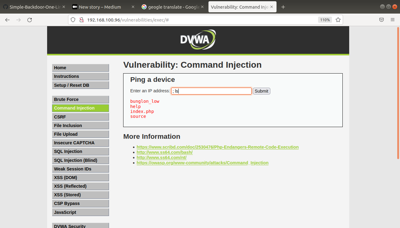 tugas 2021 ,dvwa command injection | by Putuanggipratama | Medium