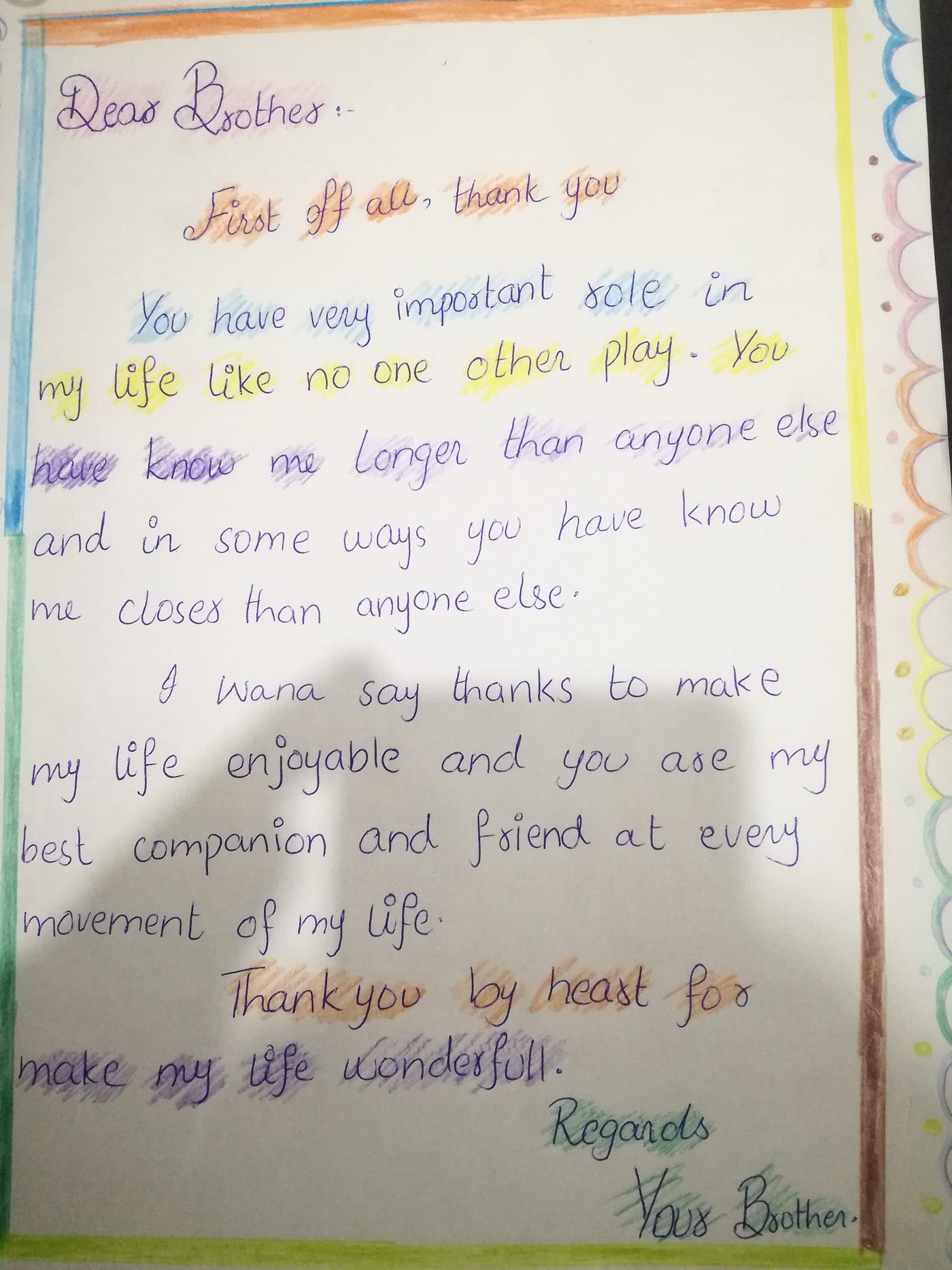 i write this letter to my brother for special thanks for that time ...