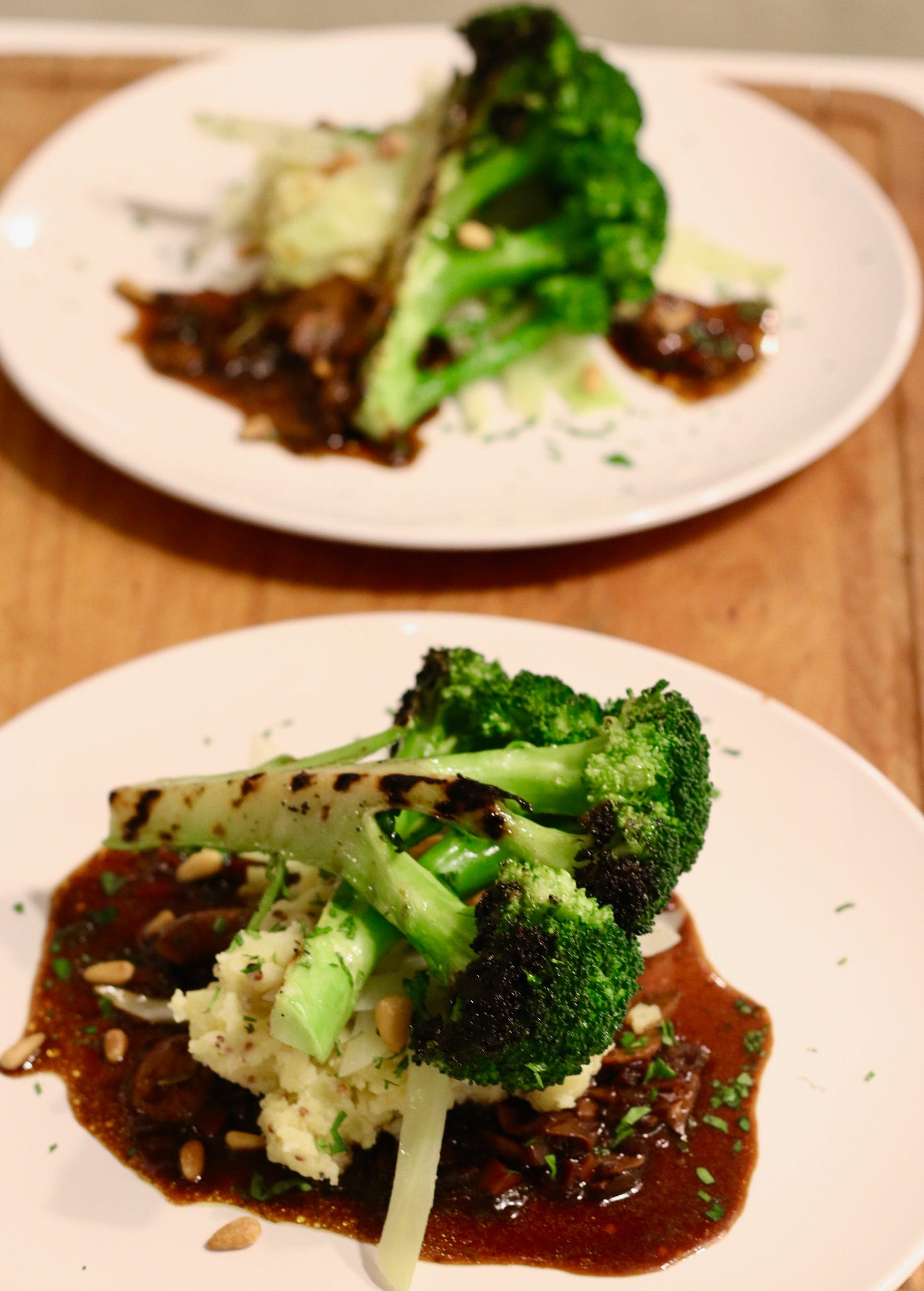 Chargrilled Broccoli with cabbage, mustard mash, pine nuts and red wine ...