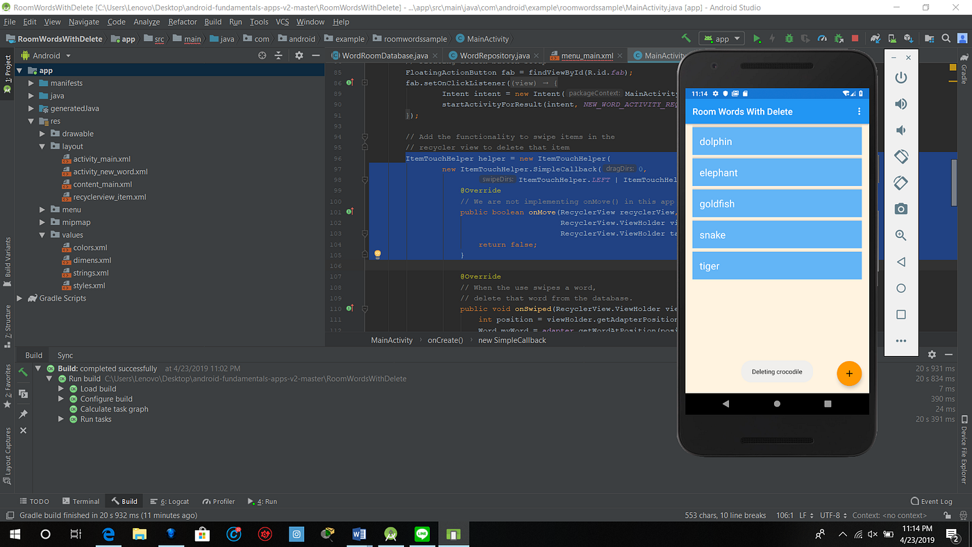 Android fundamentals 10.1 Part B: Deleting data from a Room database ...