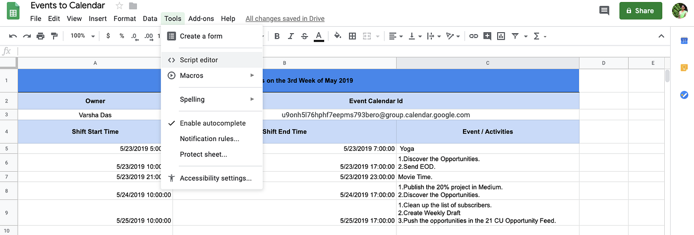 How to automatically add a schedule from Google sheets to Calendar using Apps Script | by Varsha ...