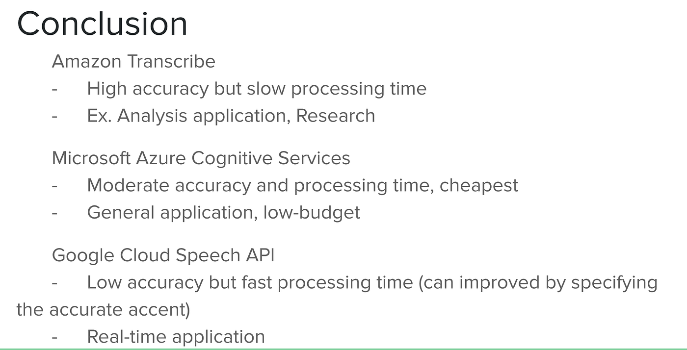 Speech To Text : AWS Transcribe VS Google Cloud Speech API VS Microsoft ...