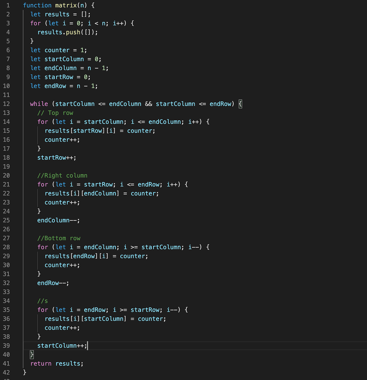 JavaScript Algorithms. Matrix Spiral | by Yuriy Berezskyy | Medium