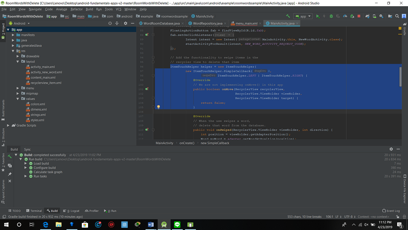 Android fundamentals 10.1 Part B: Deleting data from a Room database ...