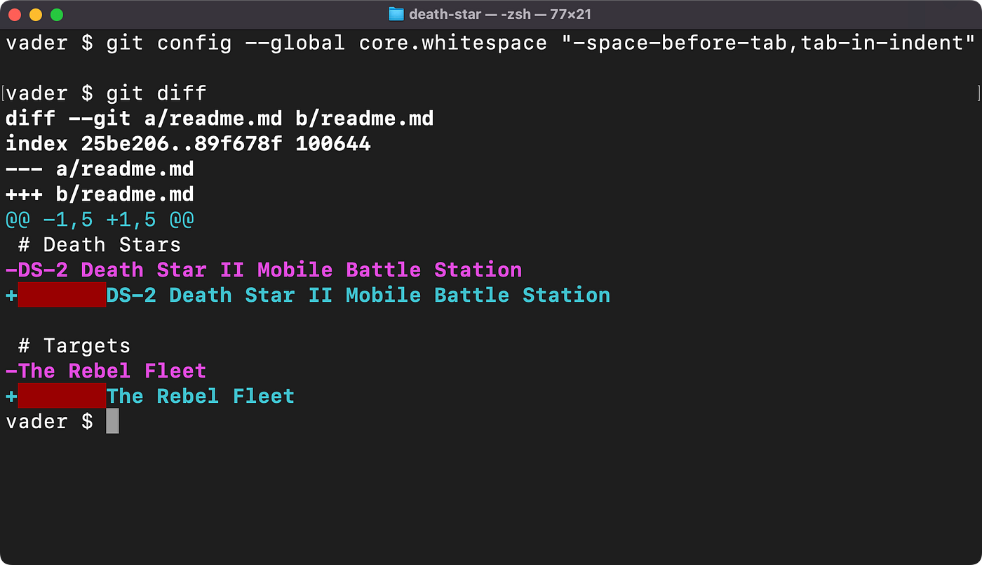 Git-Config: diff.colormovedws. A Change in Indentation Isn’t a Change… | by Karl Stolley | The ...