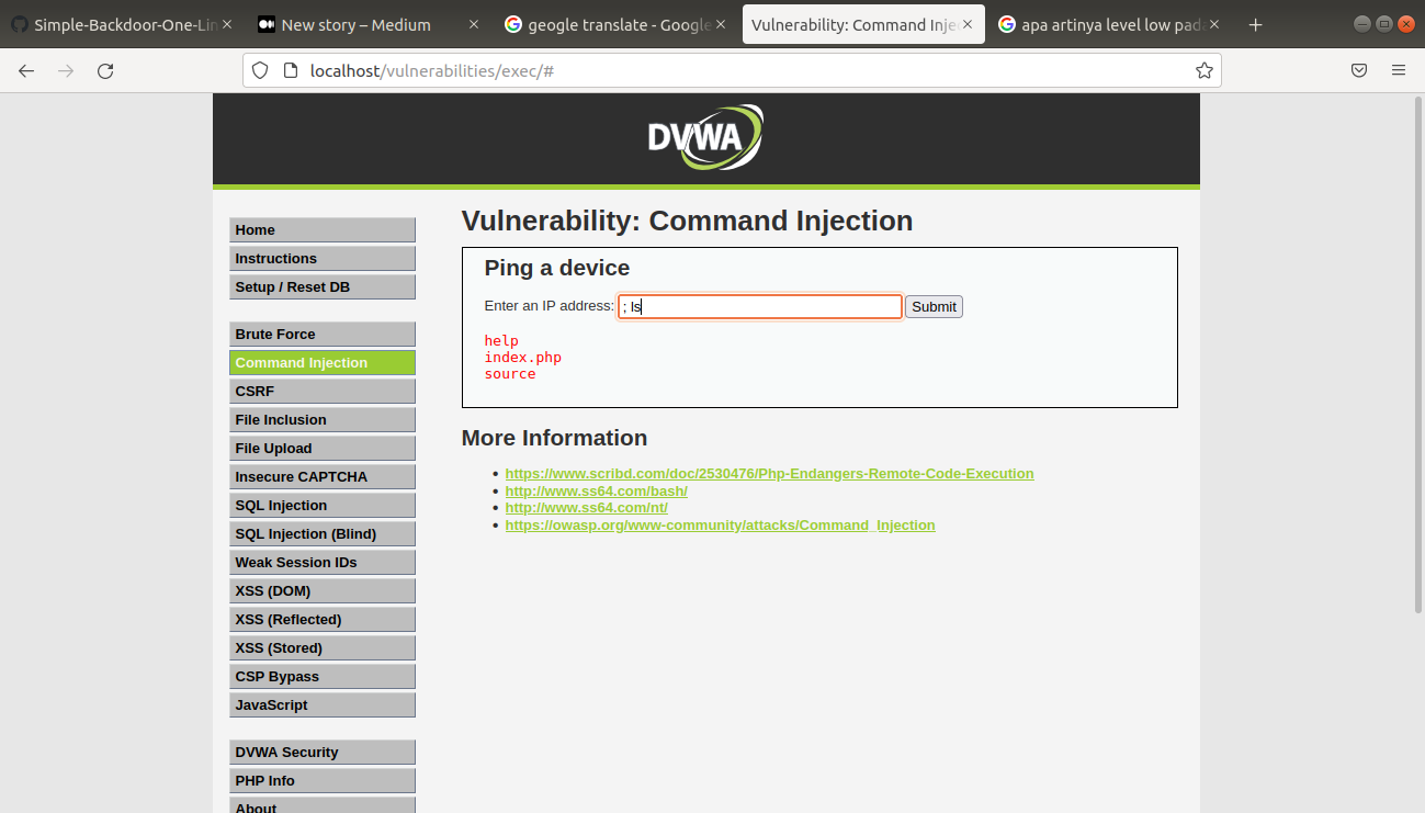 tugas 2021 ,dvwa command injection | by Putuanggipratama | Medium