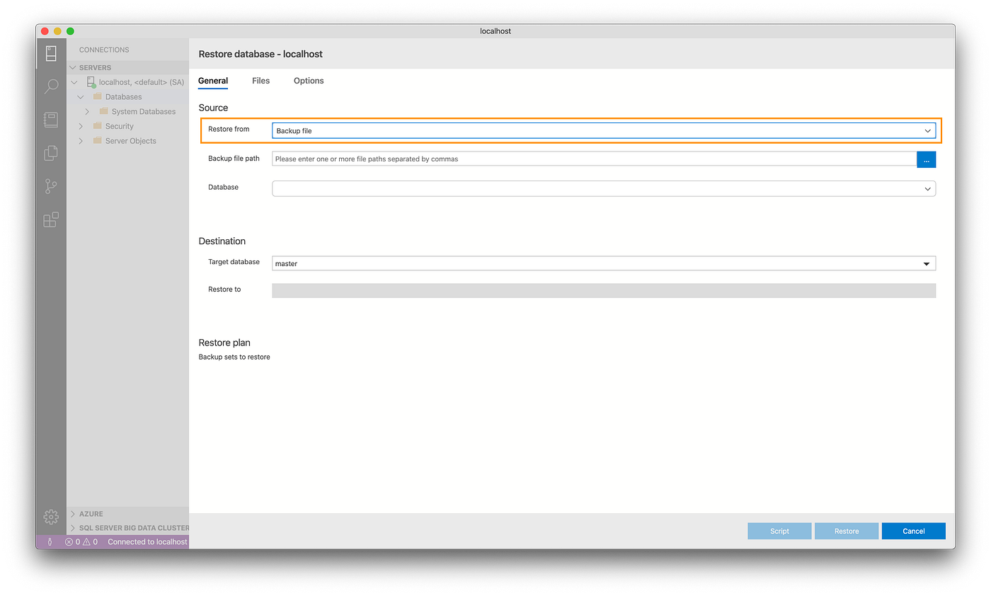 How to Restore SQL Server Backup (.bak file) Using Azure Data Studio On MacOS | by Jittima Suwan ...