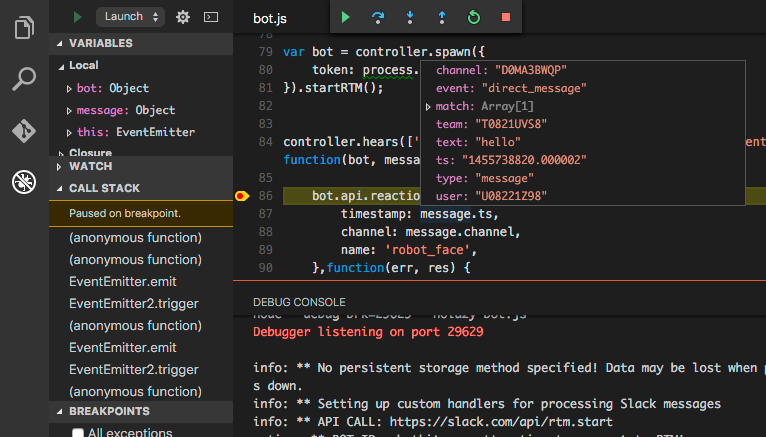 Building Slack bots with Botkit and Visual Studio Code