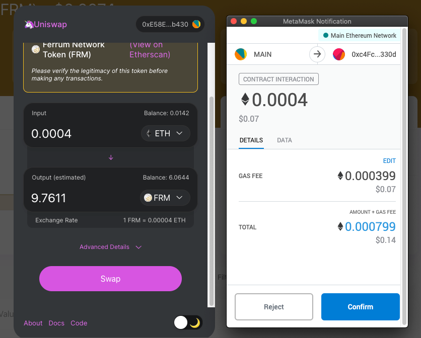 How to use Uniswap to swap between ETH and FRM (MetaMask)