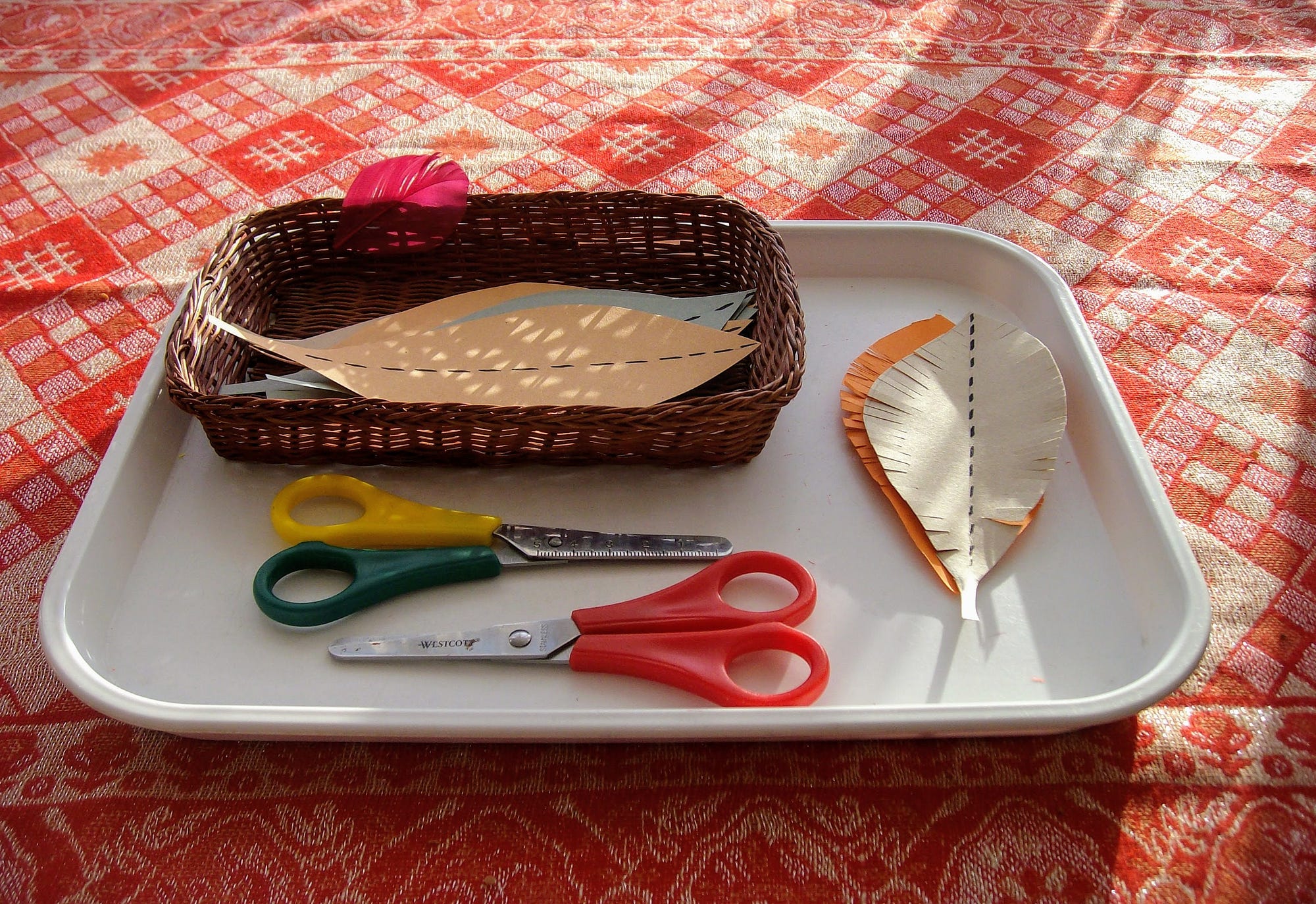 Snipping around paper feathers. The child cuts small snips around the ...