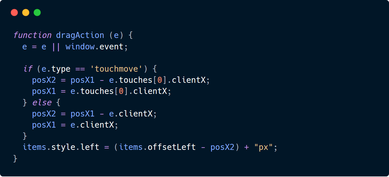Infinite pure Javascript slider (click and touch events)