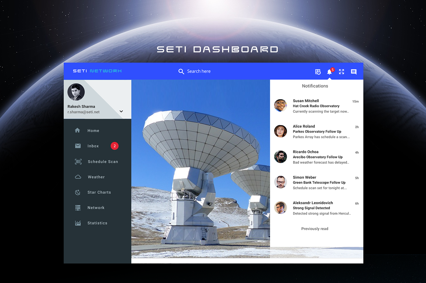 Concept: SETI Dashboard connecting radio telescopes around the world ...