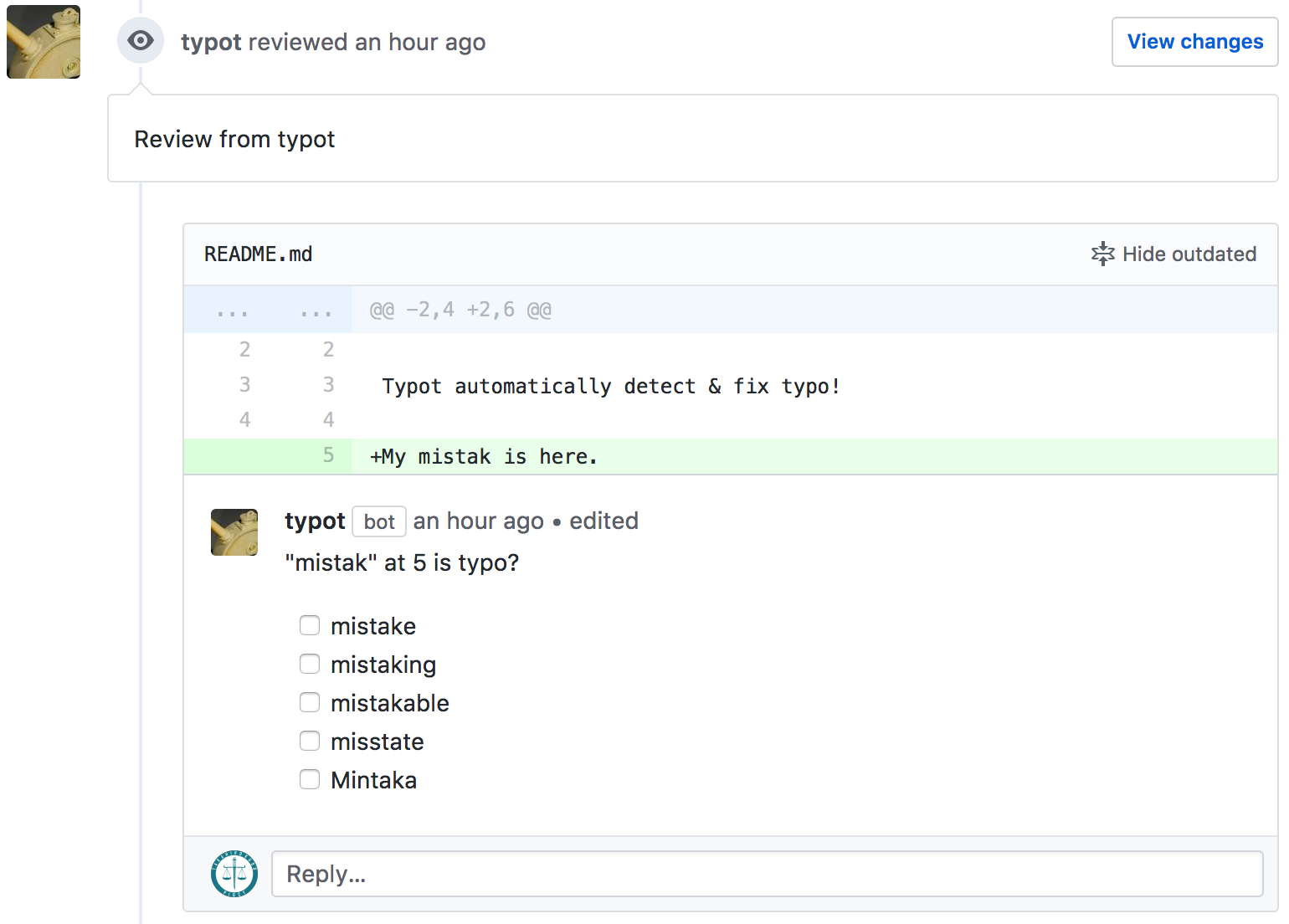 Automatically detect typos in the pull request and fix it on behalf of you