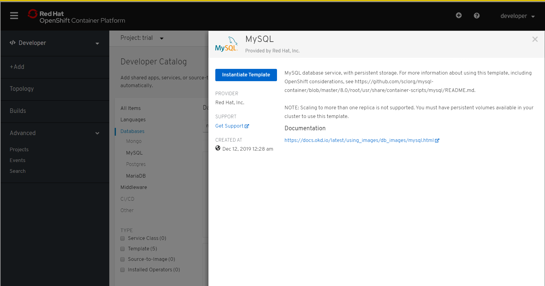 Creating, Deploying and Exposing a MySQL Database container on Redhat Openshift