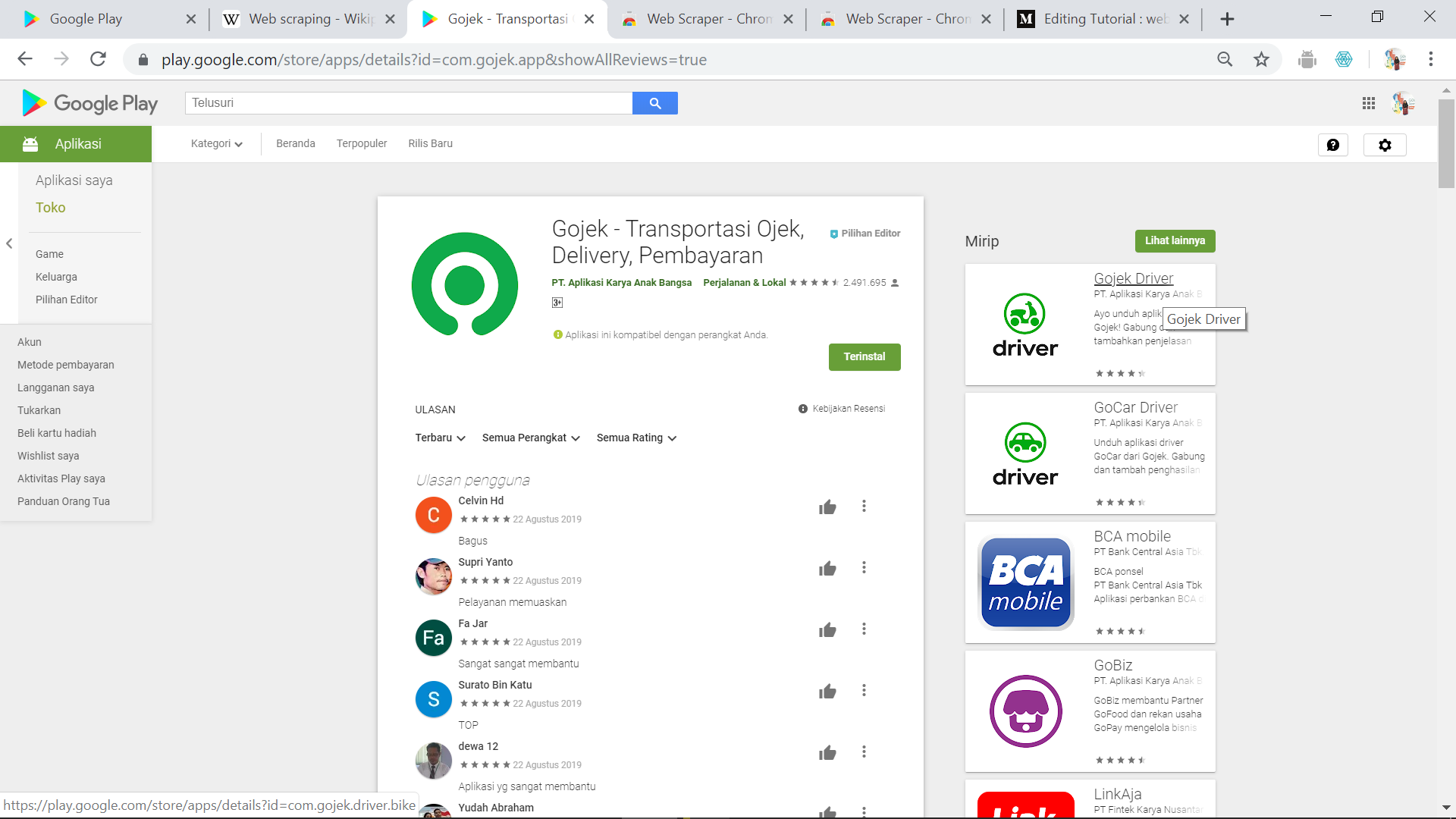 Tutorial : web scraping ulasan di google play | by pungky | Medium