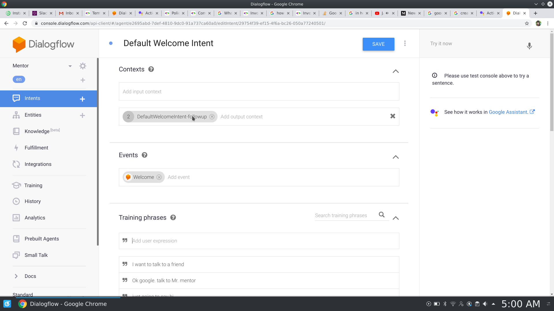 Working with Google Assistant Application in Dialogflow