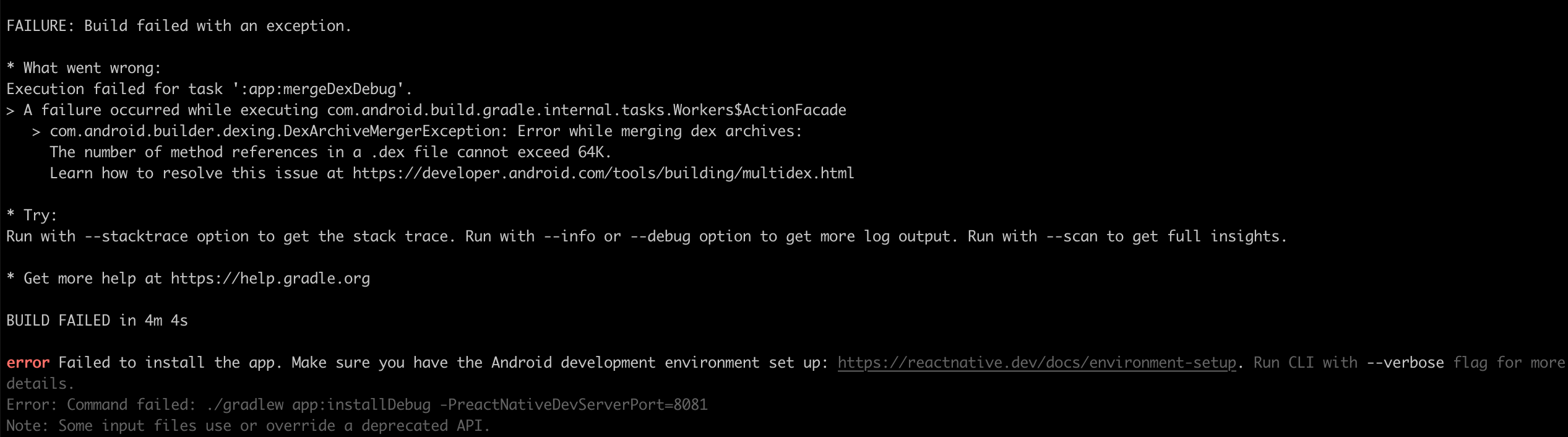 React Native Multidex Error The Number Of Method References In A Dex File Cannot Exceed 64k