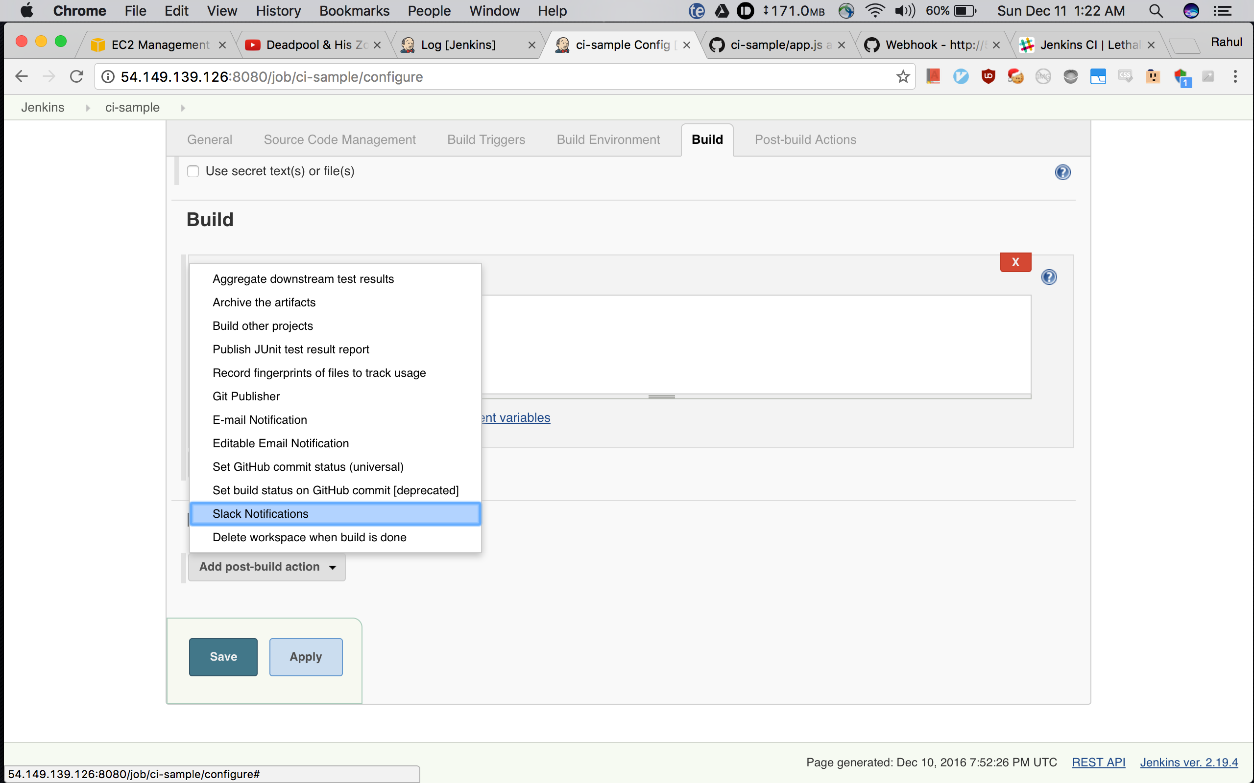 Integrating Jenkins with Github, Node.js and Slack - Lethal Brains
