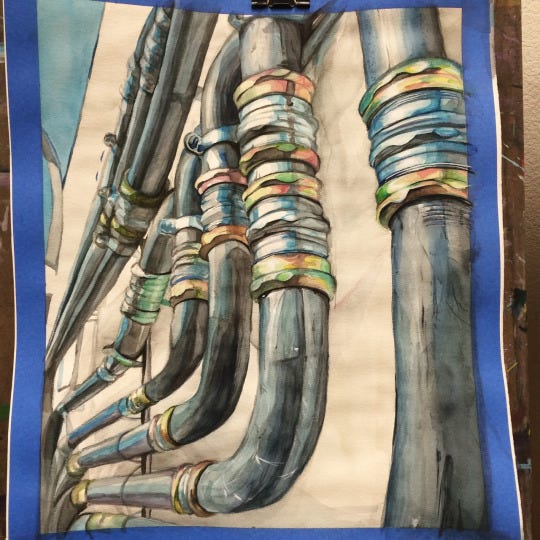 Pipes. 11 x 14, watercolors | by Kaylynn Kim | YUNiversity Interns | Medium