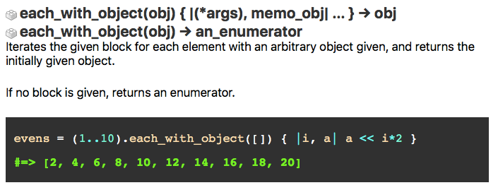 Ruby’s each_with_object method. Okay, so here’s Ruby’s Each method ...