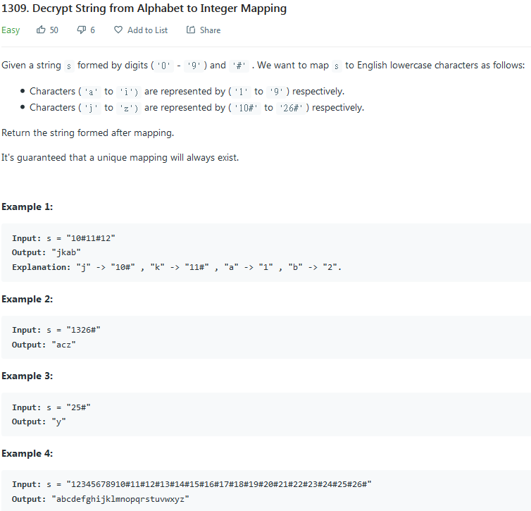 1309 Decrypt String From Alphabet To Integer Mapping By Weishen Medium