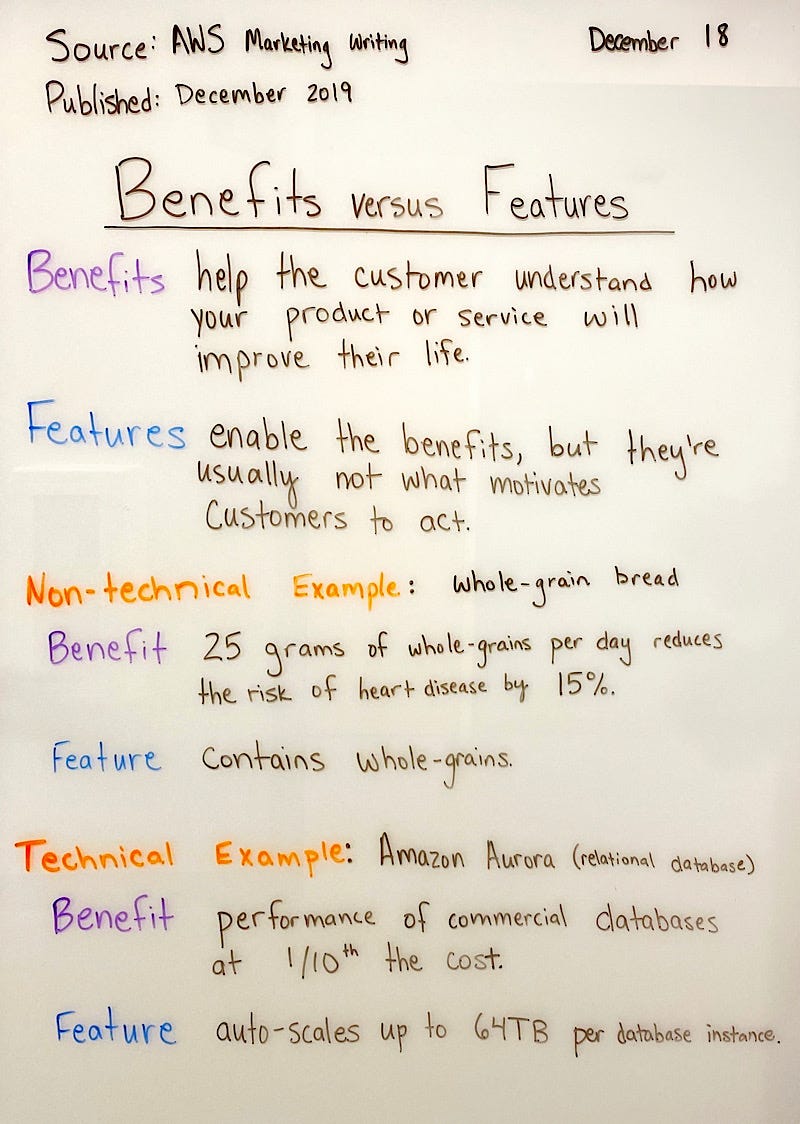 Benefits versus Features. Source: AWS Marketing Writing… | by Danny ...