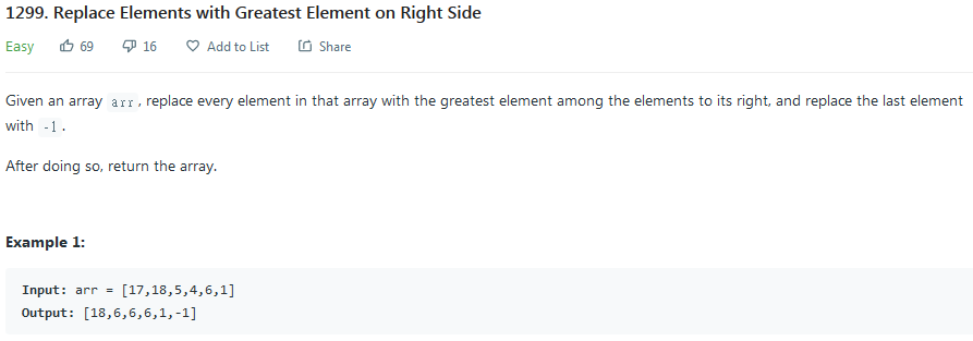 1299 Replace Elements With Greatest Element On Right Side By Weishen